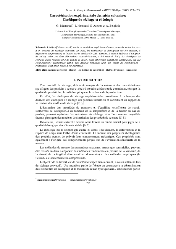 (PDF) Caracterisation experimentale du raisin sultanine