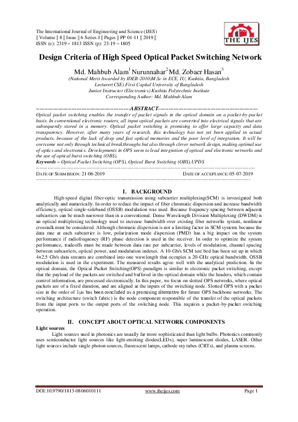 (PDF) Design Criteria of High Speed Optical Packet Switching Network