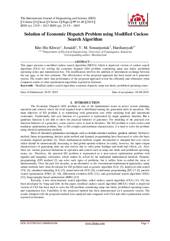 (PDF) Economic Dispatch via Modified Cuckoo Search
