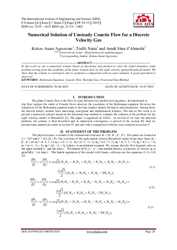 (PDF) Numerical Solution of Unsteady Couette Flow for a Discrete Velocity Gas