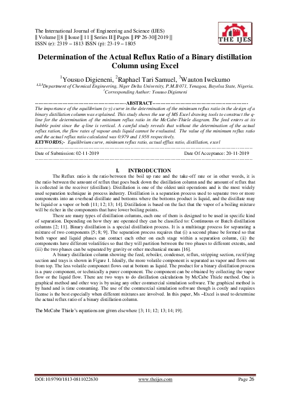 (PDF) Determination of the Actual Reflux Ratio of a Binary distillation Column using Excel