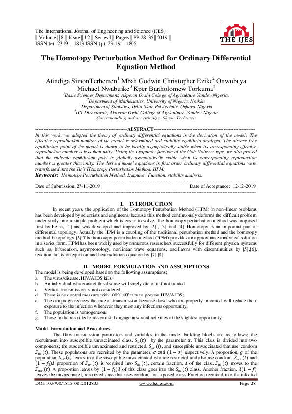 Pdf The Homotopy Perturbation Method For Ordinary Differential Equation Method