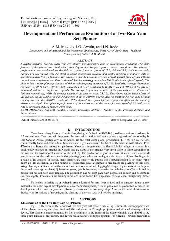 (PDF) Development and Performance Evaluation of a Two-Row Yam Sett Planter