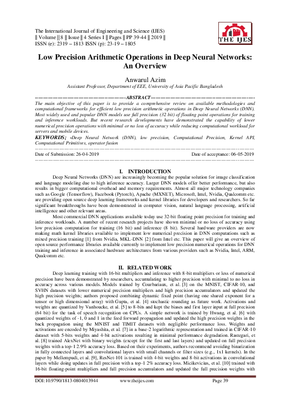 Pdf Low Precision Arithmetic Operations In Deep Neural Networks An Overview
