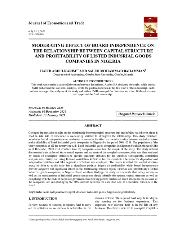(PDF) Moderating Effect of Board Independence on the Relationship between Capital Structure and ...