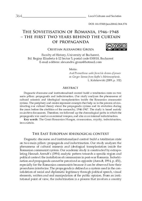 (PDF) The Sovietisation of Romania, - -the first two years behind the ...
