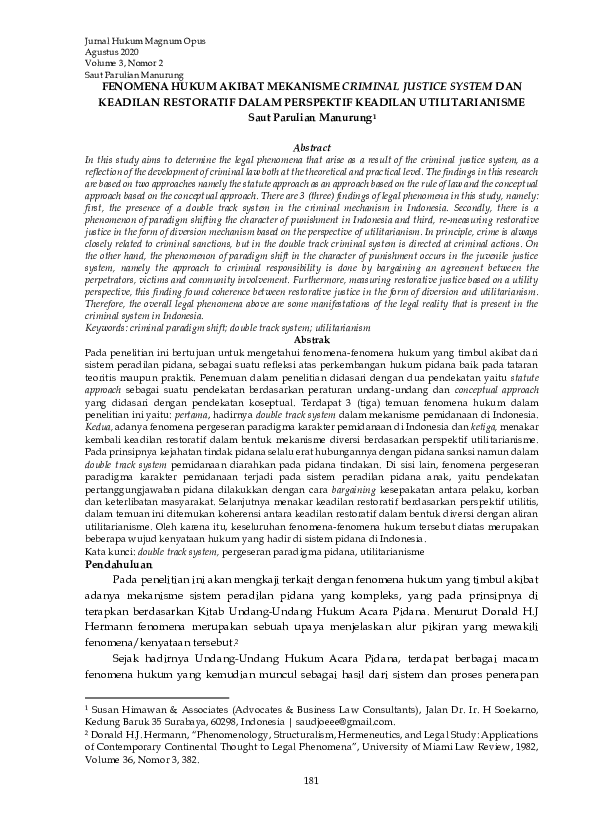 (PDF) FENOMENA HUKUM AKIBAT MEKANISME CRIMINAL JUSTICE SYSTEM DAN KEADILAN RESTORATIF DALAM ...