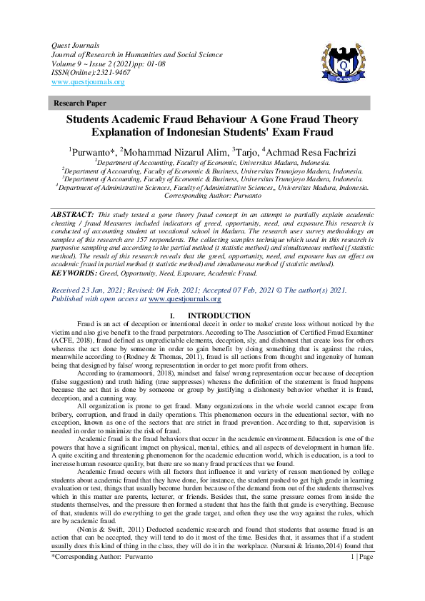 (PDF) Students Academic Fraud Behaviour A Gone Fraud Theory Explanation ...