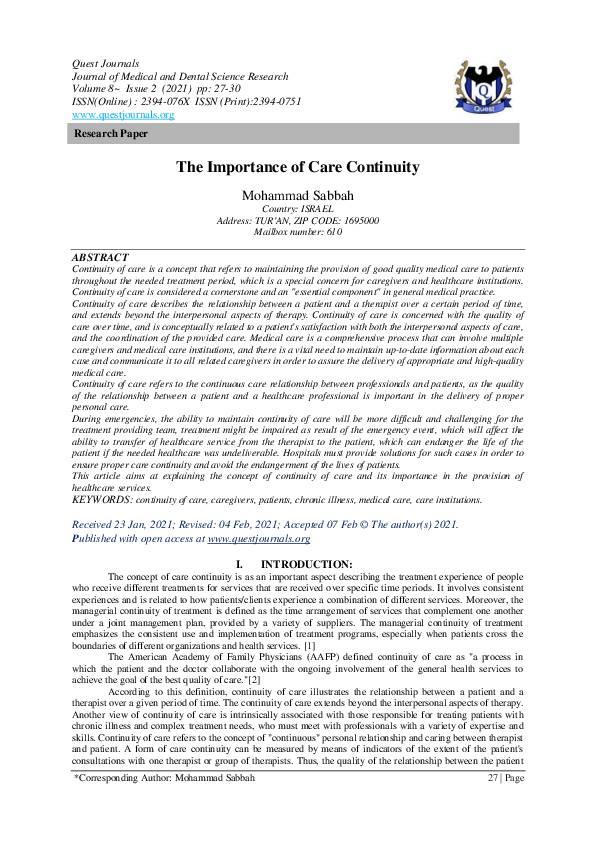 (PDF) The Importance of Care Continuity