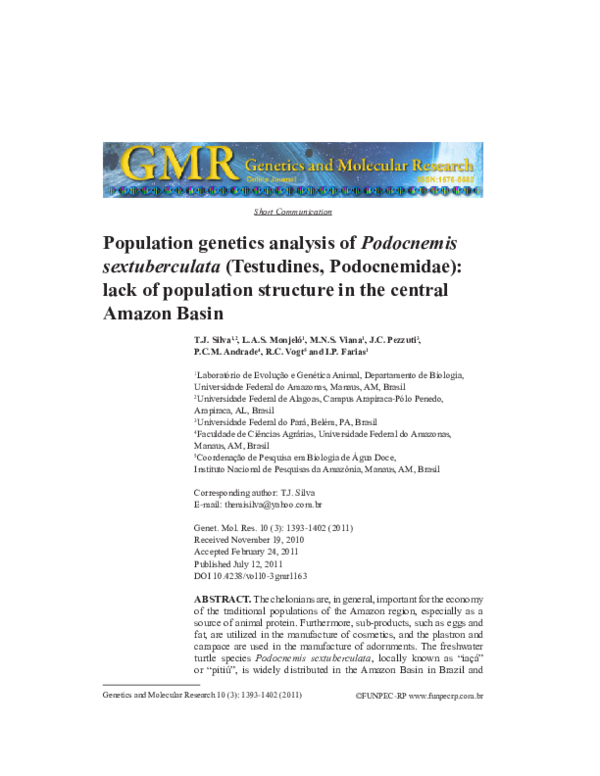 (PDF) Population genetics analysis of Podocnemis sextuberculata ...