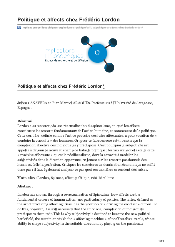 (PDF) Politique et affects chez Frédéric Lordon