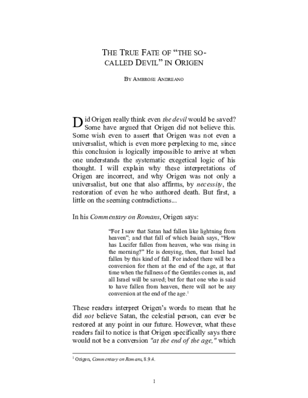 (PDF) The True Fate of "The So-Called Devil" in Origen