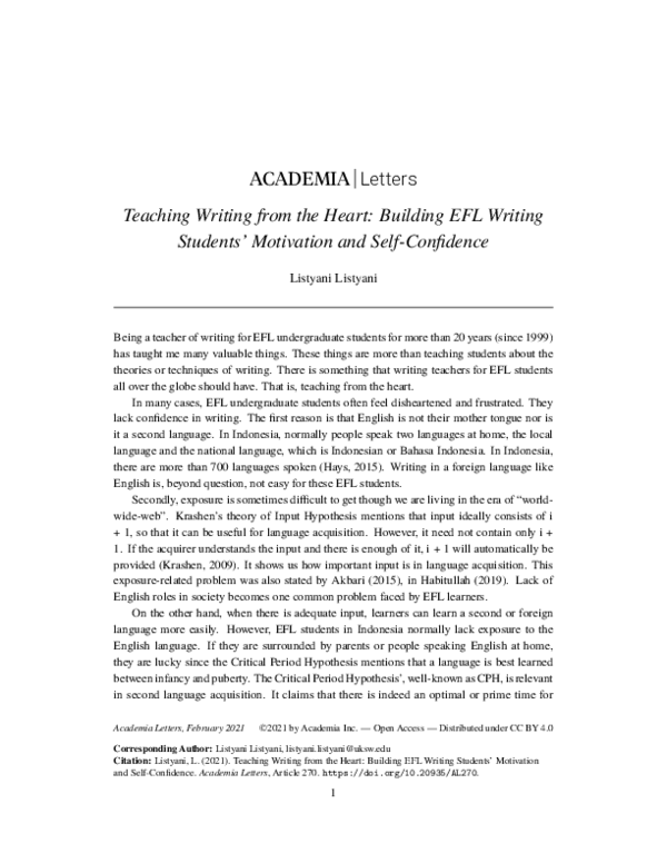 (PDF) Teaching Writing from the Heart: Building EFL Writing Students ...