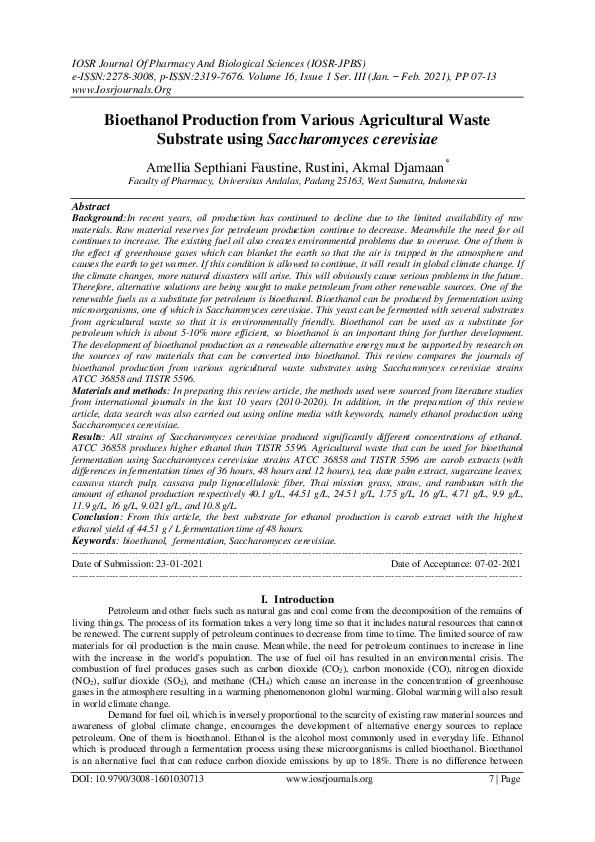 (PDF) Bioethanol Production from Various Agricultural Waste Substrate using Saccharomyces cerevisiae