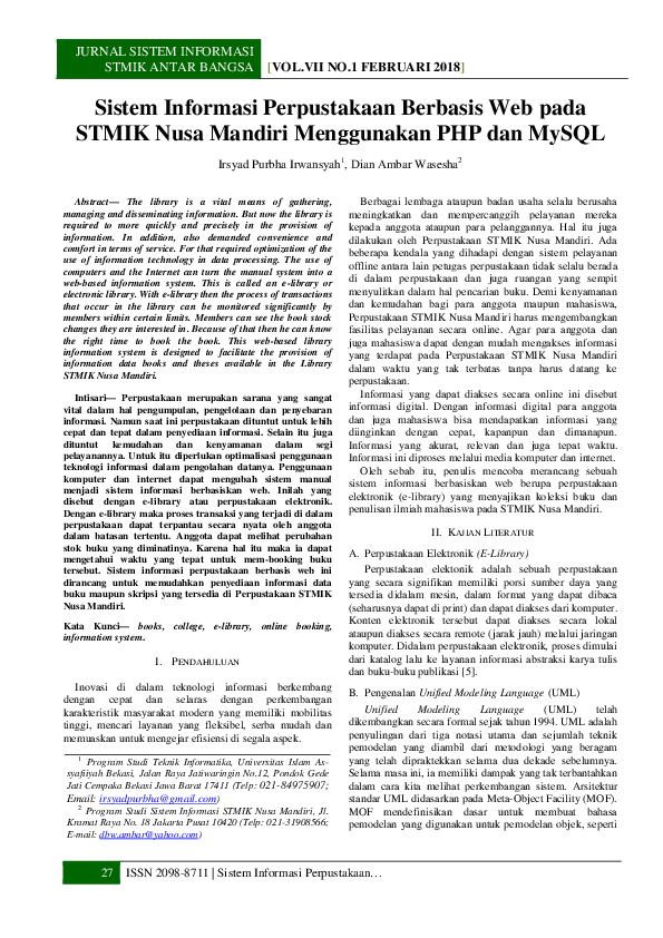 (PDF) Sistem Informasi Perpustakaan Berbasis Web pada STMIK Nusa Mandiri Menggunakan PHP dan MySQL