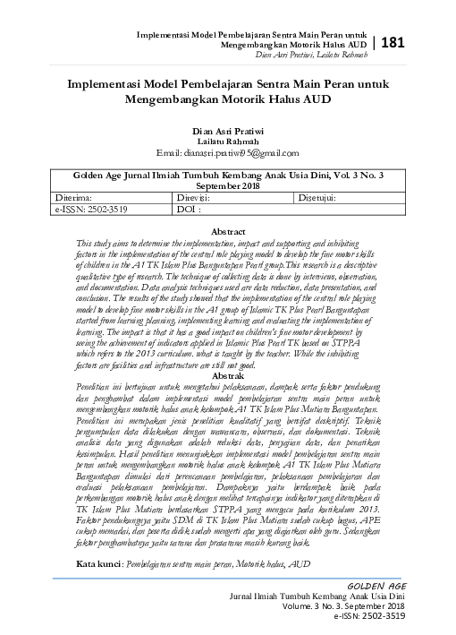 (PDF) Implementasi Model Pembelajaran Sentra Main Peran untuk ...