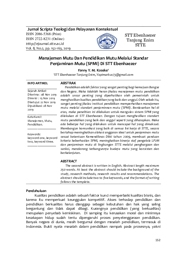 (PDF) Manajemen Mutu Dan Pendidikan Mutu Melalui Standar Penjaminan Mutu (SPMI) Di STT Ebenhaezer