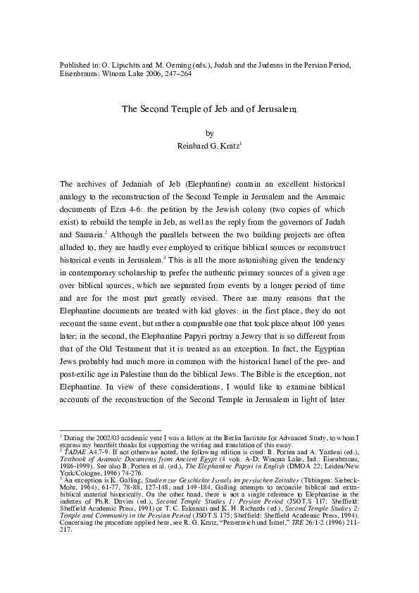 (PDF) The Second Temple of Jeb and of Jerusalem, in: O. Lipschitz(M ...
