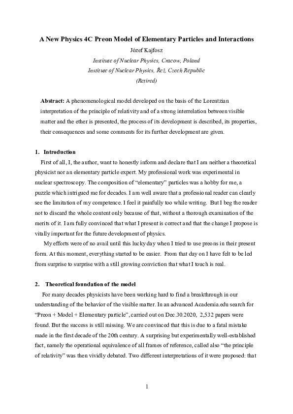 (PDF) A New Physics 4C Preon Model of Elementary Particles and Interactions