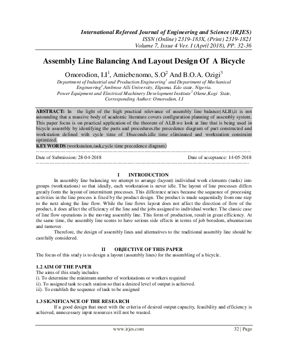 (PDF) Assembly Line Balancing And Layout Design Of A Bicycle