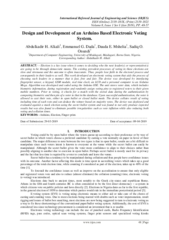 (PDF) Design and Development of an Arduino Based Electronic Voting System
