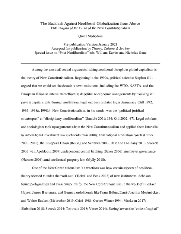 (PDF) The Backlash Against Neoliberal Globalization from Above: Elite ...