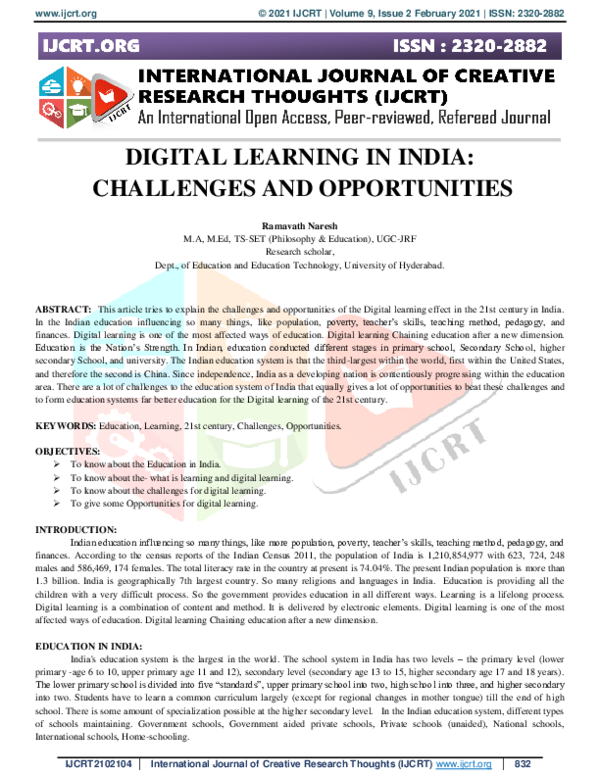 (PDF) DIGITAL LEARNING IN INDIA: CHALLENGES AND OPPORTUNITIES