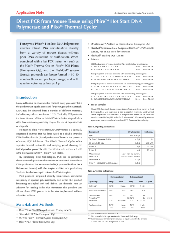 (PDF) Direct PCR from Mouse Tissue using Phire Hot Start DNA Polymerase ...