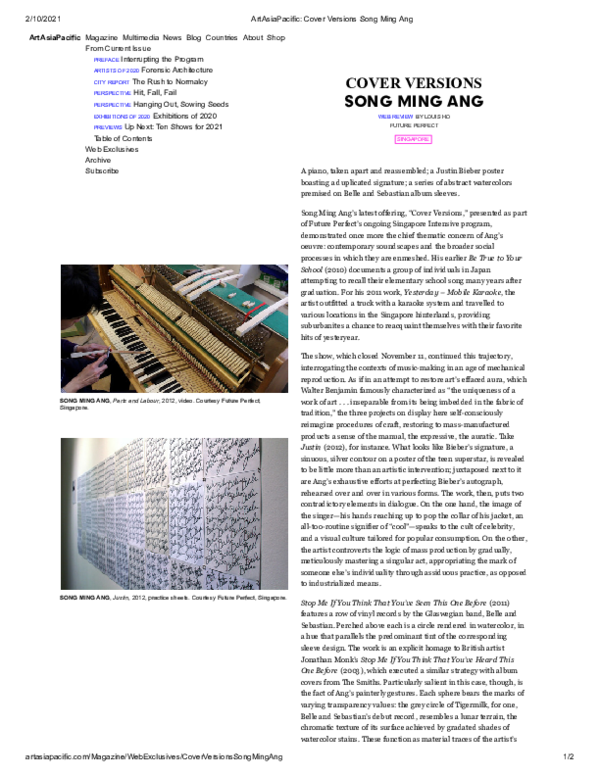 (PDF) Song-Ming Ang: Cover Versions, ArtAsiaPacific review | Louis Ho ...