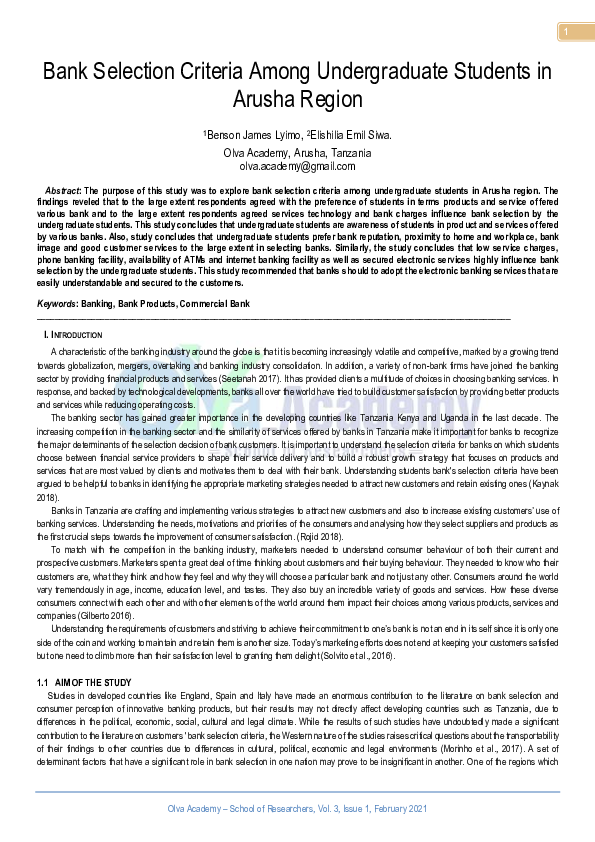 (PDF) Bank Selection Criteria Among Undergraduate Students in Arusha Region