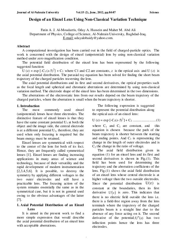 (PDF) Design of an Einzel Lens Using Non-Classical Variation Technique
