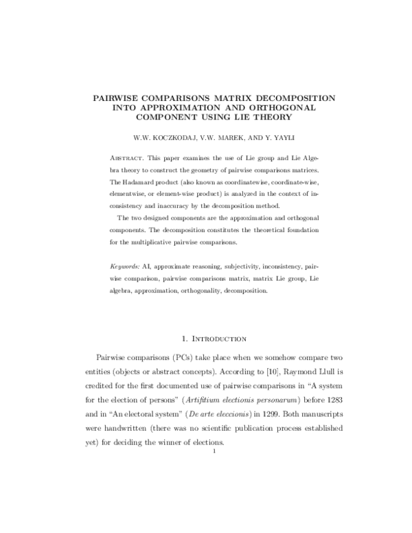Pdf Pairwise Comparisons Matrix Decomposition Into Approximation And Orthogonal Component