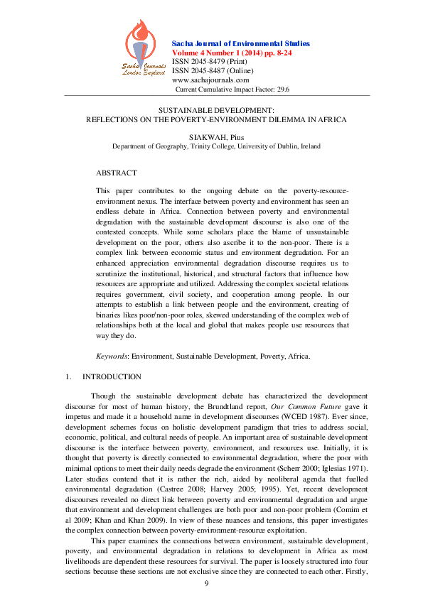 (PDF) Sustainable development: reflections on poverty-environment ...