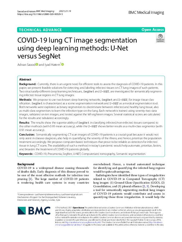 (PDF) COVID-19 lung CT image segmentation using deep learning methods: U-Net versus SegNet