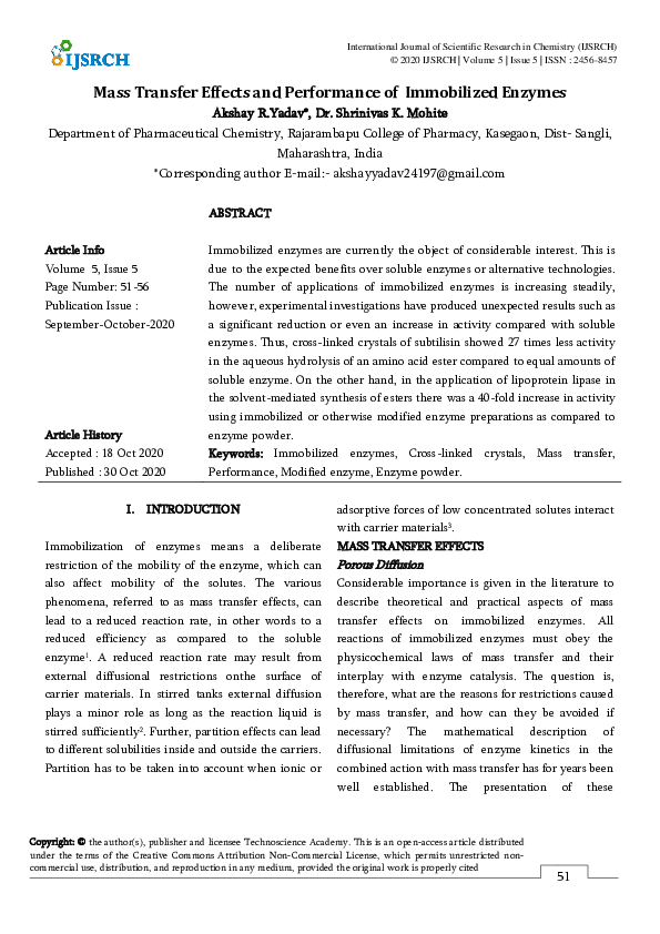 Mass Transfer Effects and Performance of Immobilized Enzymes