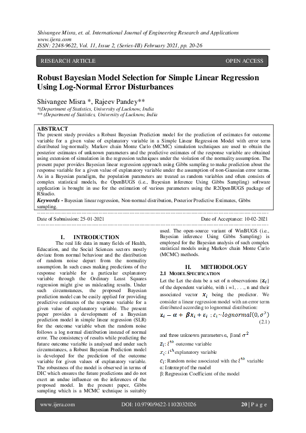Pdf Robust Bayesian Model Selection For Simple Linear Regression Using Log Normal Error 3780