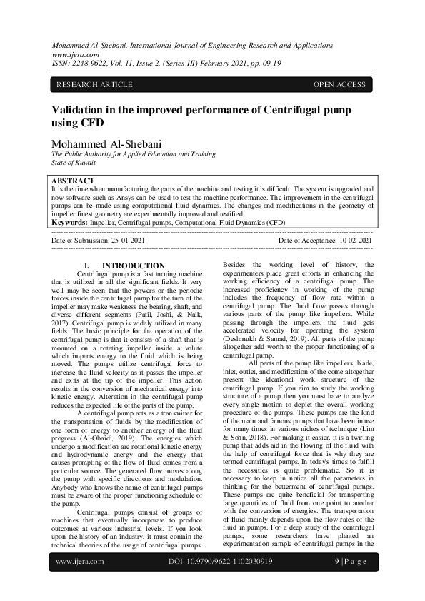 Pdf Validation In The Improved Performance Of Centrifugal Pump Using Cfd
