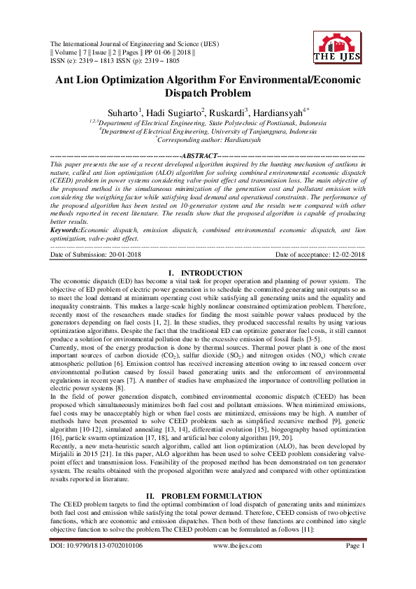 (PDF) Ant Lion Optimization Algorithm For Environmental/Economic Dispatch Problem