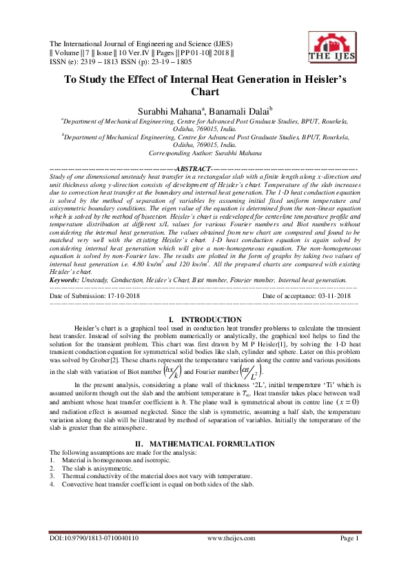 (PDF) To Study the Effect of Internal Heat Generation in Heisler's Chart