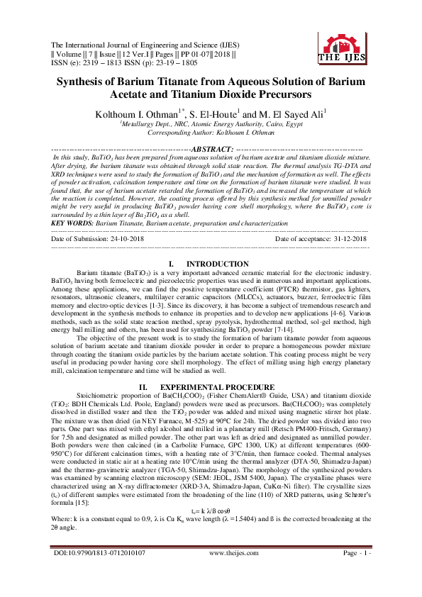 (PDF) Synthesis of Barium Titanate from Aqueous Solution of Barium ...