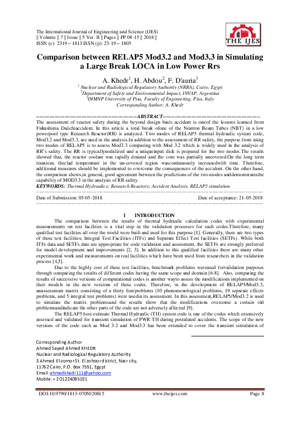 (PDF) Comparison between RELAP5 Mod3.2 and Mod3.3 in Simulating a Large Break LOCA in Low Power Rrs