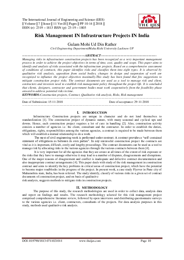 (PDF) Risk Management IN Infrastructure Projects IN India
