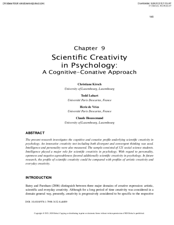 (PDF) Scientific Creativity in Psychology: A Cognitive Conative Approach