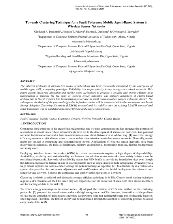 (PDF) Towards Clustering Technique for a Fault Tolerance Mobile Agent-Based System in Wireless ...