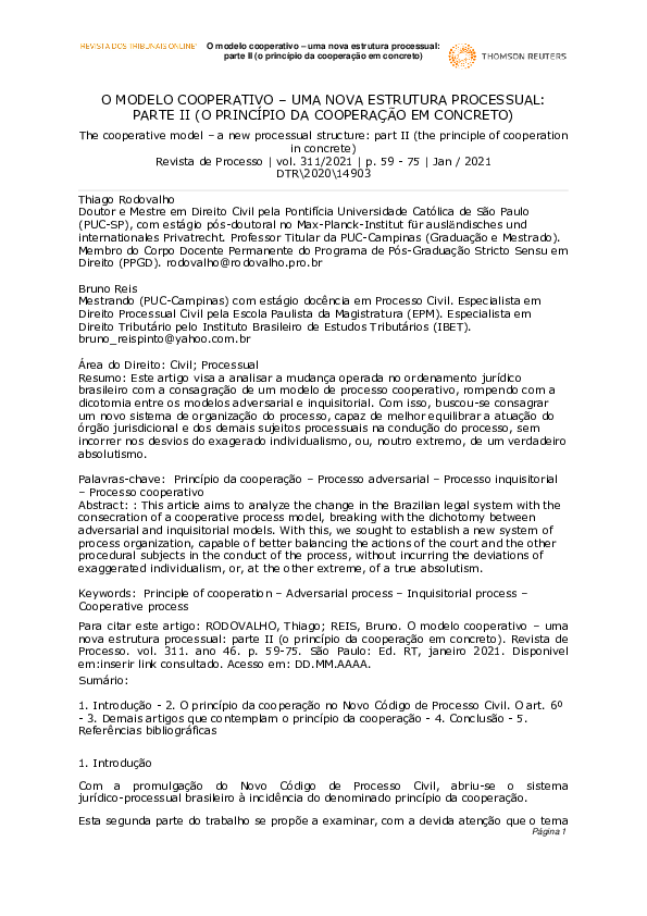 (PDF) O Modelo Cooperativo – Uma Nova Estrutura Processual: Parte II (O ...
