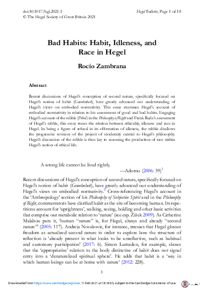 (PDF) "Bad Habits: Habit, Idleness, and Race in Hegel" | Rocío Zambrana ...