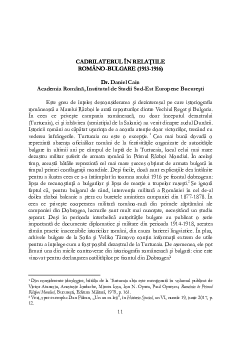 (PDF) Cadrilaterul in relatiile romano-bulgare (1913-1916)