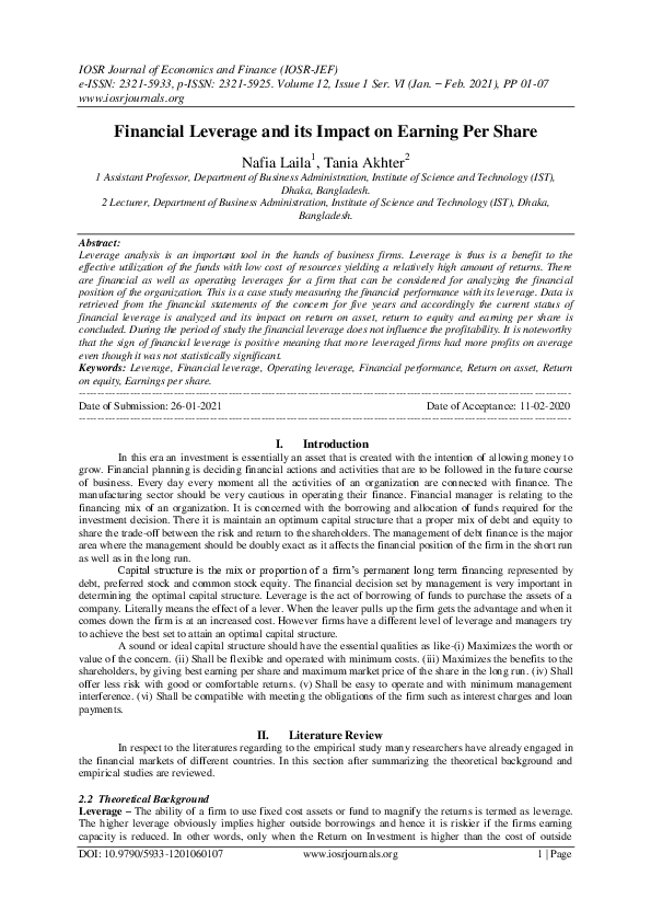 (PDF) Financial Leverage and its Impact on Earning Per Share