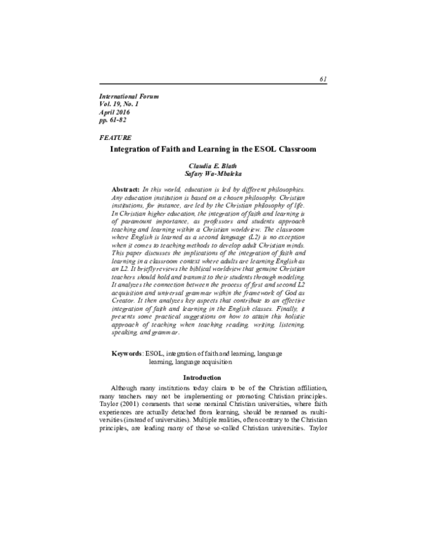 (PDF) Integration of Faith and Learning in the ESOL Classroom
