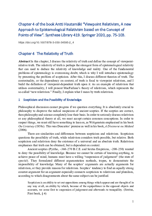 (PDF) The Relativity of Truth (Chapter 4 of Viewpoint Relativism)